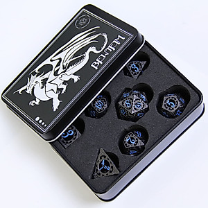 BEWTEIM New Version Steampunk Gear DND Dice Set 7pcs Polyhedral Dice d&d Dungeons and Dragons Dice Gifts RPG,MTG,Pathfinder Role Playing Games (Black Blue, Hollow)