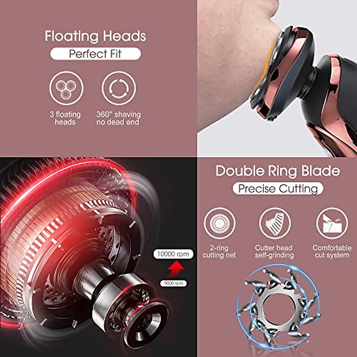 Electric Razor for Men, 4-in-1 Electric Shavers Cordless Face Shaver Rechargeable Men’s Razor Waterproof Rotary Shaver with Charge Station Nose Sideburns Trimmer Cleaning Brush Gift for Father Him