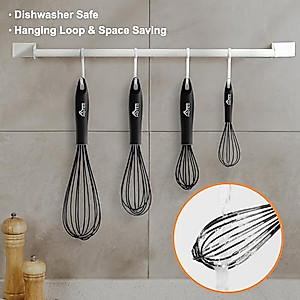 HOTEC 4 Pieces Silicone Whisks Set, Wire Balloon Whisks Egg Beater, Non-slip Handle Whisk for Non-stick Cookware Perfect for Cooking, Stirring, Beating and Blending (Black)