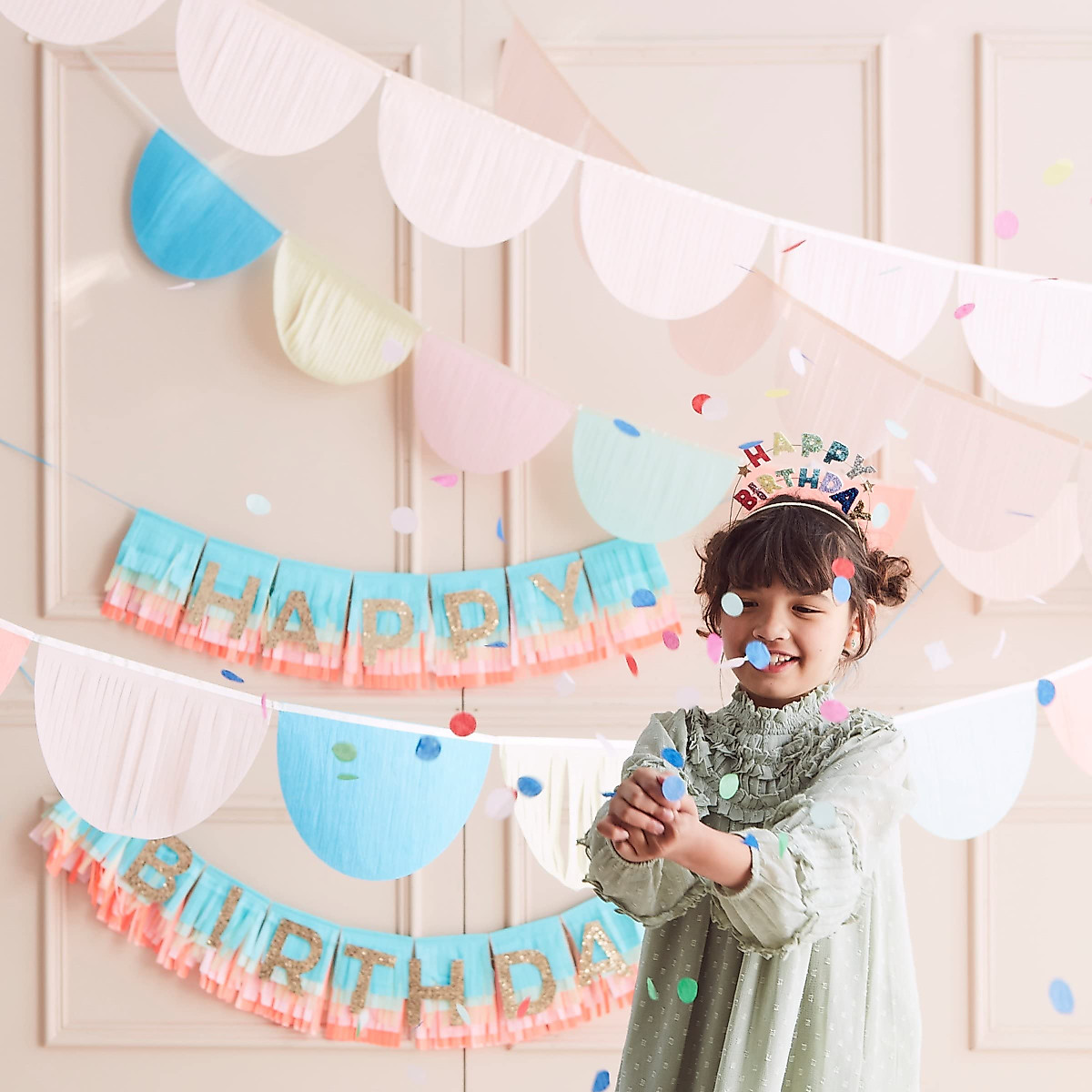 Meri Meri Rainbow Scallop Pennant Banner (Pack of 2), 13' Party Banner Inlcuding Excess Cord, Meri Meri Garland Birthday Party Decorations