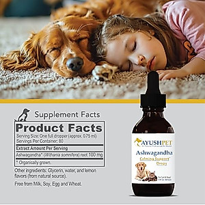 Ayush Pet Stress Support Ashwagandha Drops, Calm and Focus for Dogs or Cats, Alcohol Free Supplement, 2 oz.