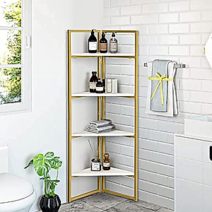 VERYKE 4 Tier Corner Shelf Standing Display Rack Corner Bookshelf Storage Plant Rack with Metal Frame Multipurpose Plant Stand for Living Room, Office, Kitchen, Small Space (Gold/White)