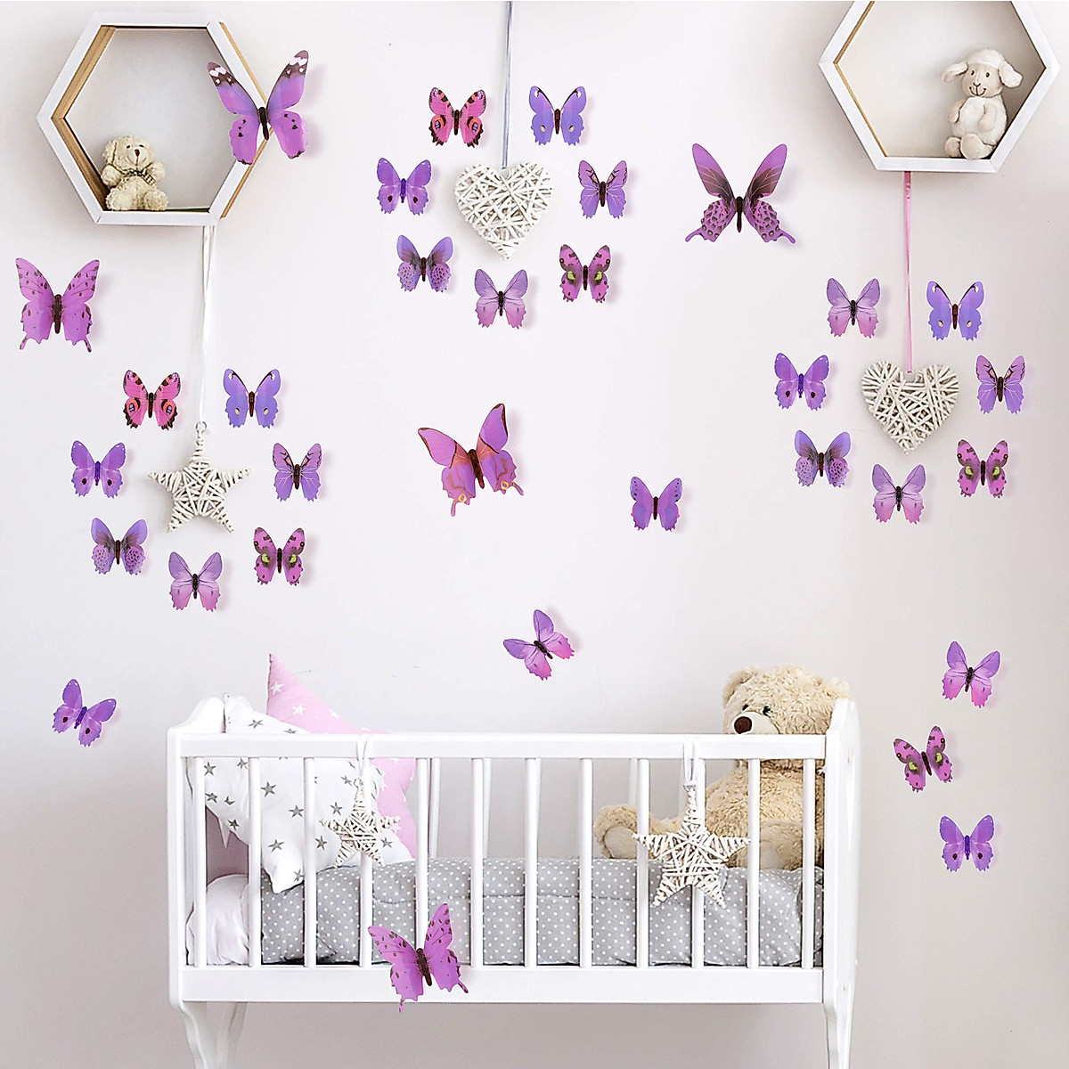 48 PCS Removable 3D Butterfly Wall Stickers Decals DIY Wall Art Decor Home Wall Decoration Sticker Mural for Kids Girls Children Bedroom Living Room Background Nursery (Purple)