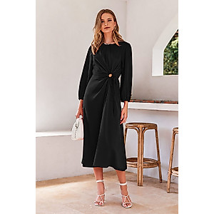 PRETTYGARDEN Women's 2024 Satin Maxi Dress Puff Long Sleeve Crewneck Cutout Casual A-line Long Flowy Dresses (Black,Large)