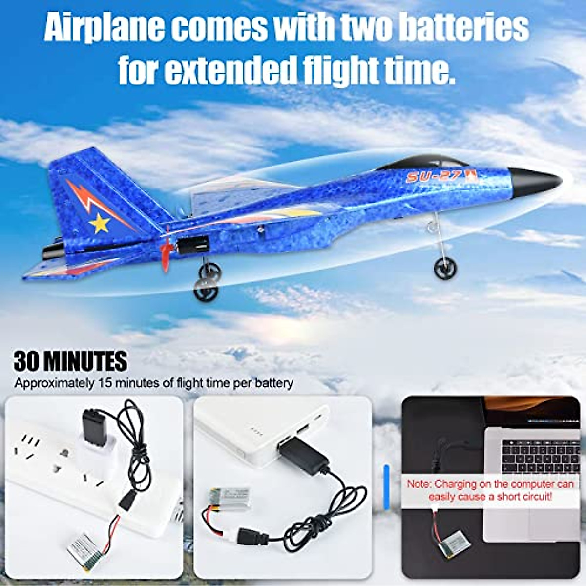 OUSEXI Blue RC Airplane Comes with 2 Batteries, 2.4 GHZ 2 Channels Remote Control Aircraft for Beginners,Outdoor Foam RC Airplane for Kids(with Night Light)