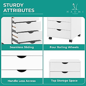 Naomi Home 5 Drawer Dresser for Bedroom, Stylish Tall Dressers with Wheels, Storage Shelves, Small Dresser for Closet, Makeup Dresser with 180 lbs Capacity - White