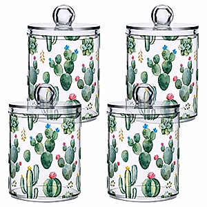 BOENLE 2 Pack Qtip Holder Dispenser Green Cactus Succulents Flowers Storage Canister Bathroom Apothecary Jars Acrylic Plastic Vanity Organizer Lid for Cotton Swab/Ball/Pad