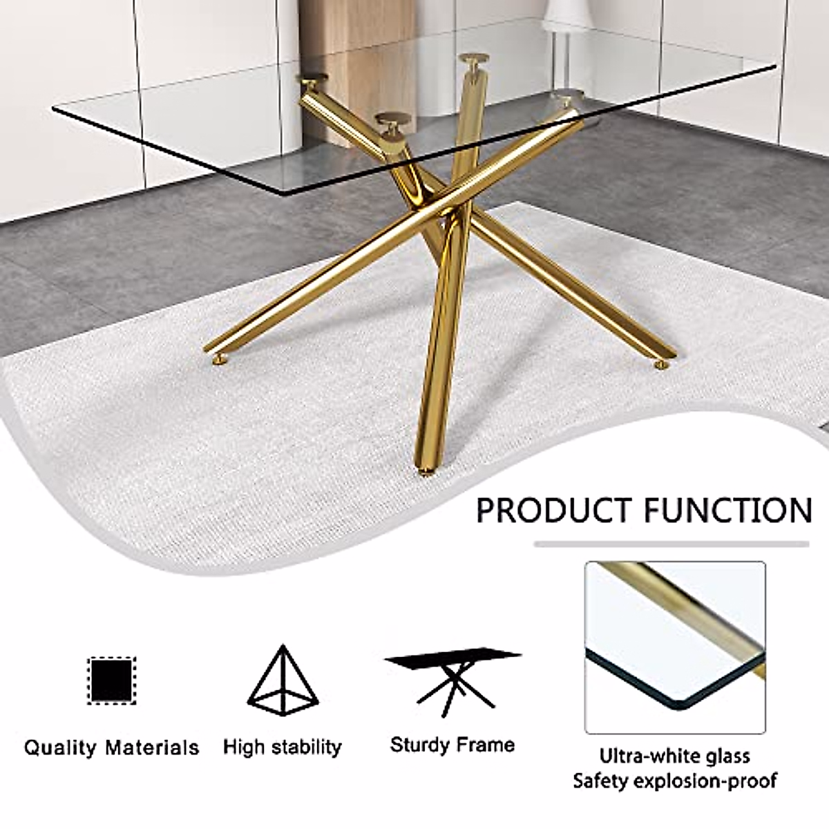 71 inch Glass Dining Table with Clear Rectangular Glass Top, 4 Chrome Golden Legs Modern Rectangular Glass Kitchen Table Furniture for Home Office Kitchen Dining Room, 6-8 People
