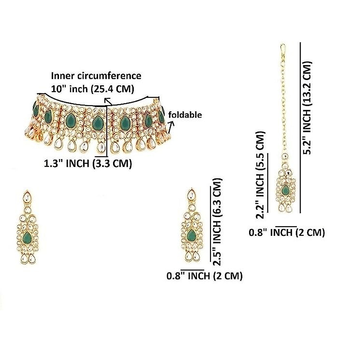 Efulgenz Kundan Necklace Set Indian Kundan Jewelry Sets for Women Green Indian Jewelry Kundan Crystal Choker Necklace Dangle Earrings Maang Tikka Bollywood Wedding Choker Necklace for Women