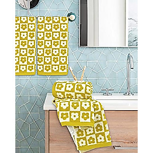 4 Pack Cotton Hand Towels for Bathroom Kitchen - Soft and Quick Drying Face Towels Checkered Floral Yellow, 410 GSM, 29” x 13”