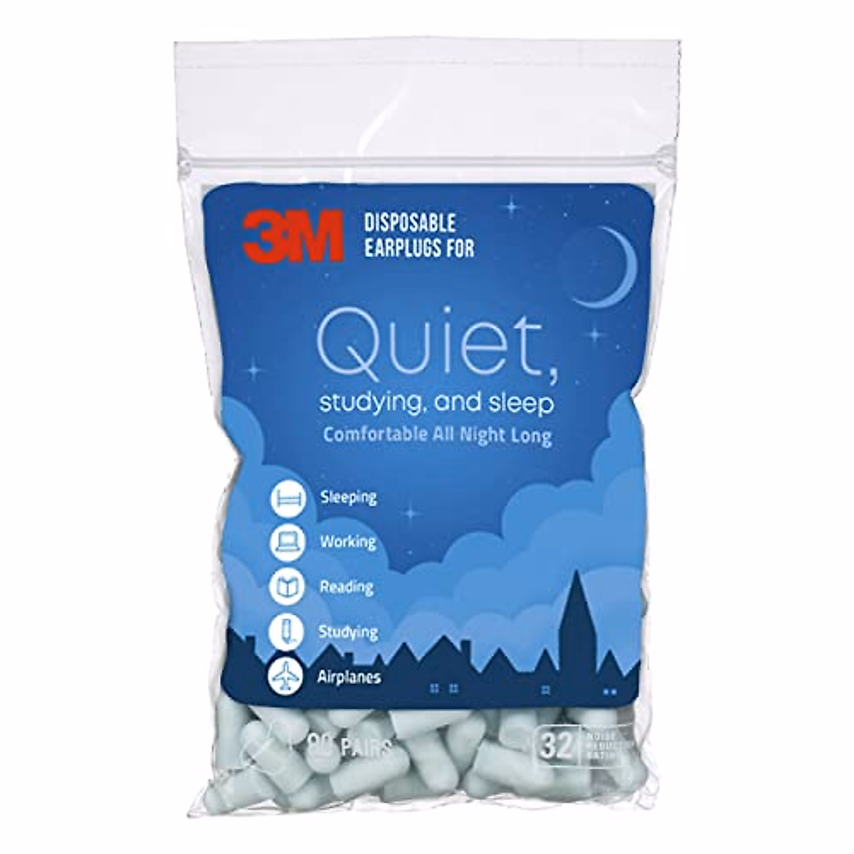 3M Disposable Earplugs For Quiet, Studying & Sleep, 80 Pairs (160 Plugs), Noise Reduction Rating (NRR) 32 dB, Comfortable All Night Long, Light Blue Ear Plugs, Come In Resealable Bag (EPQS-80B-SIOC)