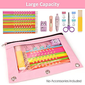 Sooez Pencil Pouch for 3 Ring Binder, 2 Pack Binder Pencil Pouch with Clear Window Pencil Bags with Zipper & Reinforced Grommets, Pencil Case for Binder Pink & Grey