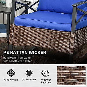 Outsunny 3 Piece Rocking Bistro Set, Outdoor Wicker Patio Furniture, 2 Porch Rocker Chairs with Glass Coffee Table, Tufted Cushions, Patio Conversation Set, Dark Blue