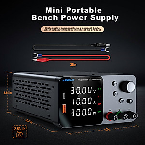 DC Power Supply, 30V 10A Bench Power Supply with Encoder Adjustment, 5V/3.6A USB&Type-C Quick-Charge, Variable Power Supply with Output Enable/Disable Button, Short Circuit Alarm (0-30V 0-10A)