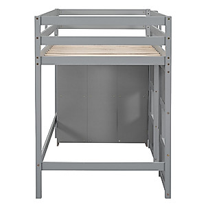 Merax Wood Loft Bed Twin Size with Storage Wardrobe, 2 Windows Design, for Teens, Boys & Girls, Grey