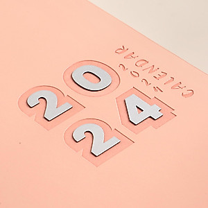 Tainrunse Embossed Decorations Planner Leak-Proof 2024 Monthly Faux Leather Cover 12 Months A5 Calendar Notebook 155 Sheets Wire Binding Tabs Agenda Pink A5