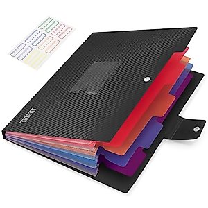 5 Pocket Expanding File Folder, Accordion File Organizer with Labels, A4 Letter Size Folders for Documents, Portable Expandable File Folder for Office School - Black