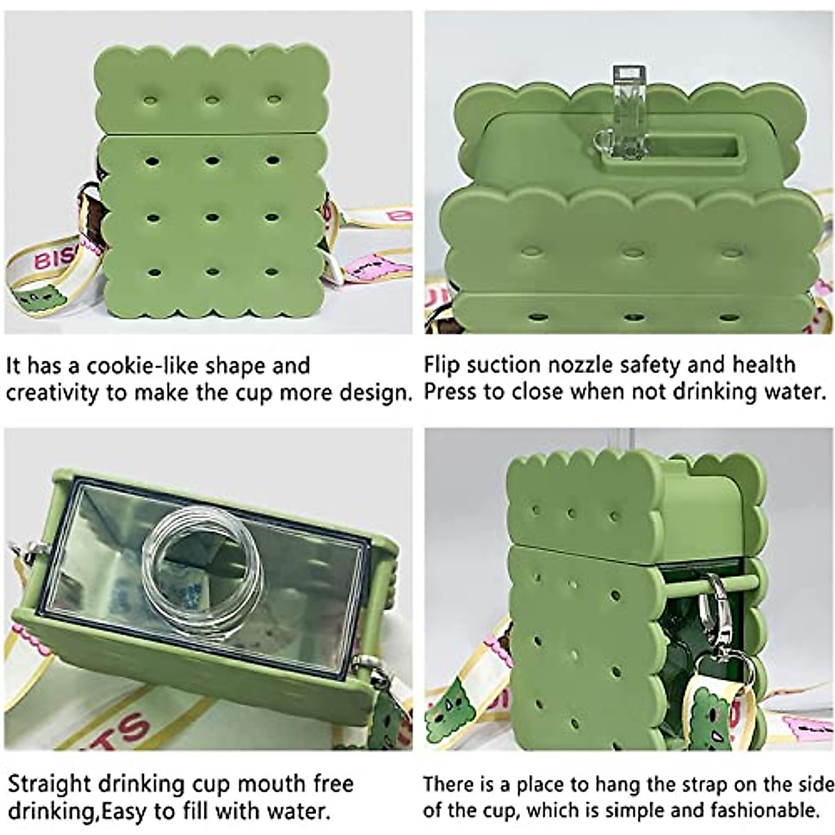 380ML Biscuits Shape Water Bottle,Kawaii Square Water Bottle with Straw,Crossbody Drinking Bottle,Adjustable Shoulder Strap Leak Proof Cups,Convenient Creative Cute Kids Travel Accessories (AA, Pink)
