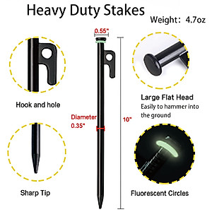 Tialero 8/12/16Pack Tent Stake with Hammer, 8/10/12/16in Heavy Duty Tent Stakes + 10in Tent Stakes Hammer+Storage Pouch, Forged Steel Tent Stakes Used on Rocks (12 Pack 10in Tent Stakes+Hammer)