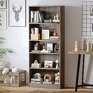 VICLLAX 5-Shelf Wood Bookcase, Narrow Adjustable Open Bookshelf, Tall Display Storage Shelf for Living Room, Bedroom, Kids Room, Office, Grey