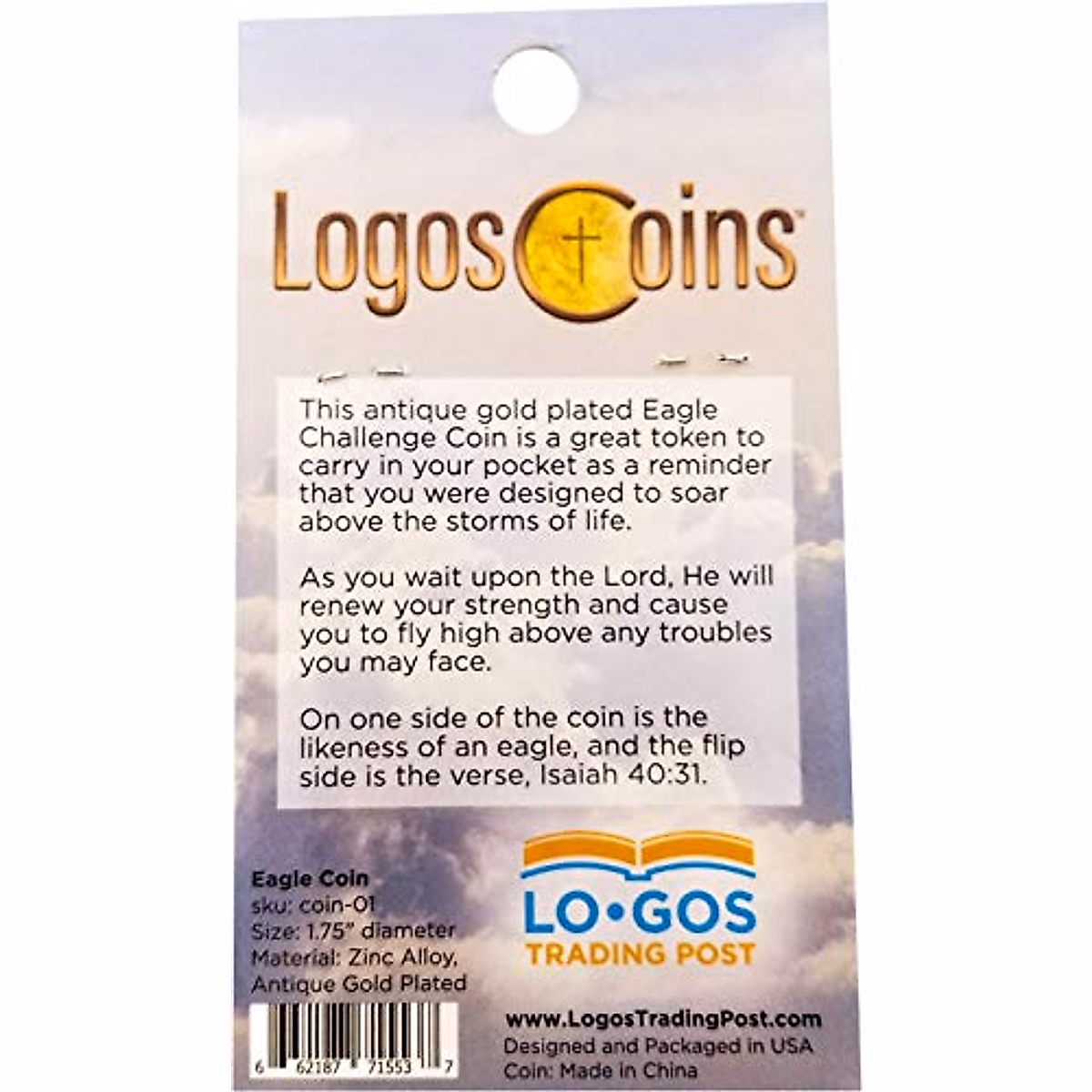 Christian Eagle Challenge Coin, Antique Gold-Color Plated, American Bald Eagle & Isaiah 40:31