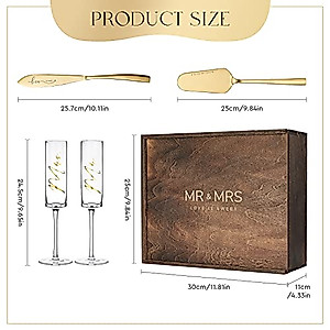 AW BRIDAL Champagne Glasses Engraved Mr & Mrs Gold Cake Cutting Set for Wedding Bridal Toasting Champagne Flutes, Wedding Gifts for Couple Cake Knife and Server Set for Anniversary Engagement Gifts