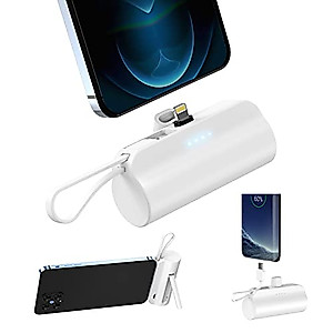 Portable-Charger-Power-Bank - 8000mAh Ultra Compact Portable Phone Charger 5V3A Output Battery Pack Built-in Type-C Cable and Cell Phone Holder for iPhone5 to 14 Series and Samsung, etc. (White)