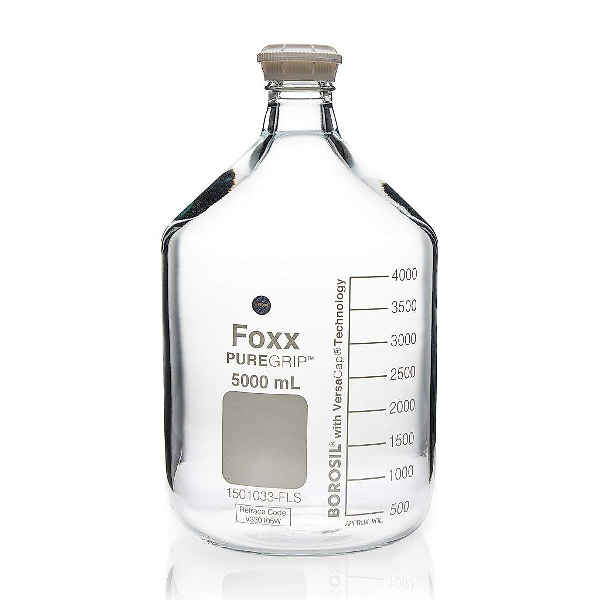 BOROSIL PUREGRIP 1501033-FLS Transparent Reagent Bottles with GL45 Screw Cap, 5000 mL, 5000 fl. oz., Borosilicate GLASS