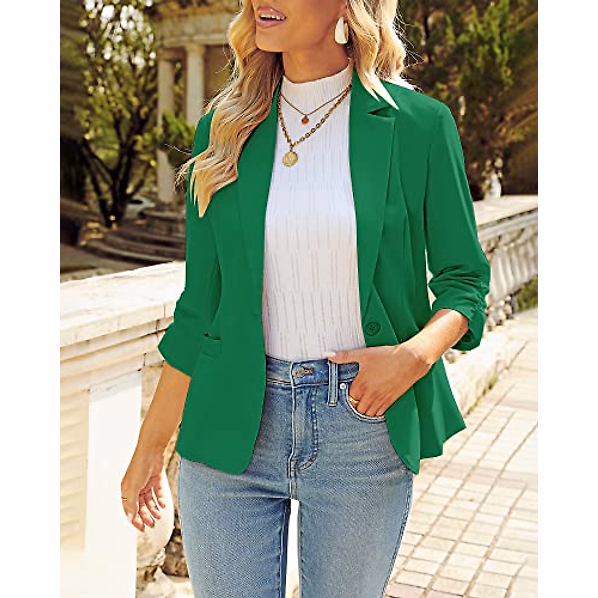 LookbookStore Jackets for Women Fashion Dressy 3/4 Sleeve Blazer for Women Blazers for Women Business Casual Summer Jackets for Women Lightweight Fashion Green Size Large Fits Size 12 / Size 14