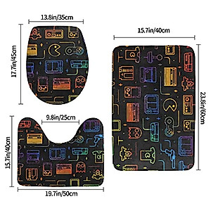 3 Pieces Bathroom Rugs Set Game Video Gaming Pattern Print 3 Pieces Bathroom Rugs Set Bath Mat+Contour+Toilet Lid Cover Bathroom Antiskid Pad