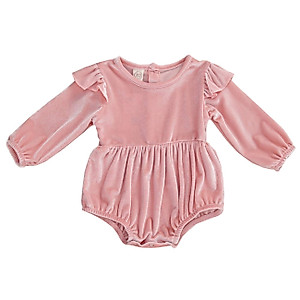 Infant Baby Girl Plain Fall Crushed Velvet Long Sleeve Bodysuits Romper Tops (A Peach Pink, 6-12 Months)