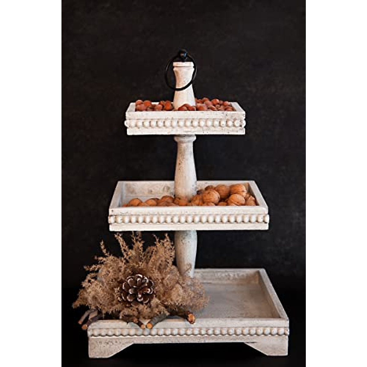 KEFO Three Tiered Beaded Tray Decor Stand - 12 x 18 Inch Large White Wooden 3 Tiered Tray Stand - Decorative Rustic Distressed 3 Tier Tray Decor Table Centerpiece - Tiered Serving Tray for Home Decor