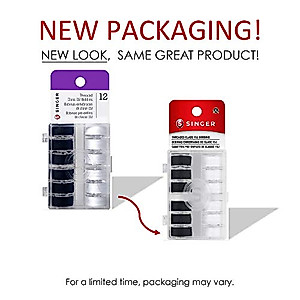 SINGER Class 15J Threaded Bobbins in Case, 12-Count, Black & White