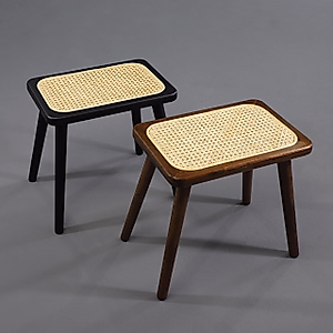 [PJ Collection] Natural Rattan Top Wood Stool, with Portable and Detachable Legs, Handcrafted Wood Stool, Lightweight Stool, Hand Woven, Comfortable Support (Rectangle, Walnut Wood)