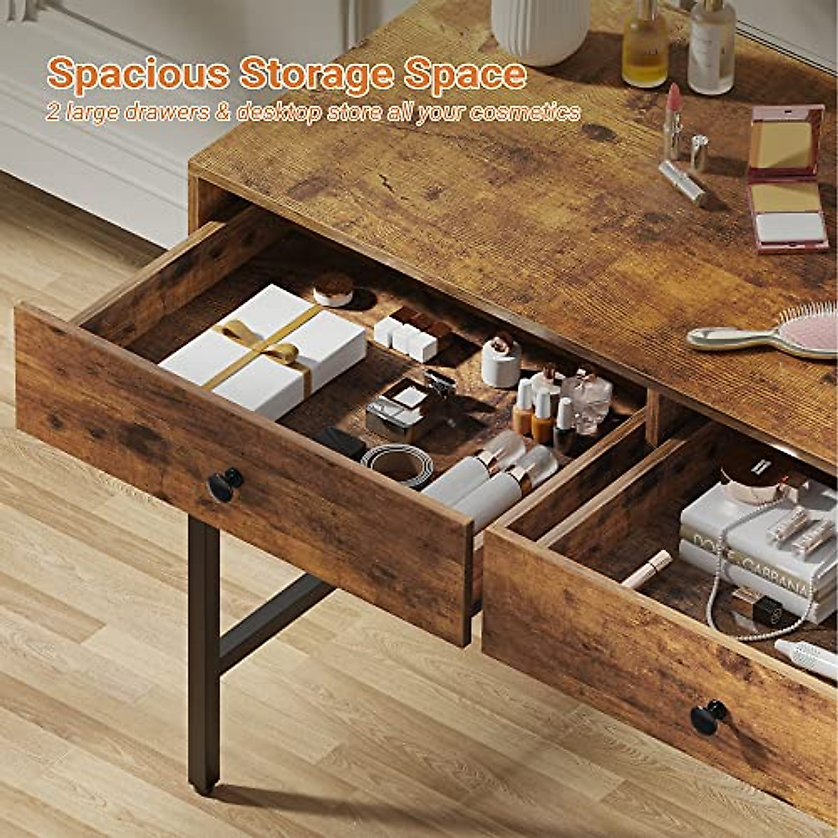 SUPERJARE Vanity Desk with Drawers, 47 inch Computer Desk, Modern Simple Home Office Desks, Makeup Dressing Table for Bedroom - Rustic Brown