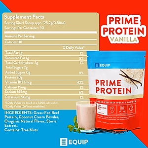 Equip Foods Prime Protein - Grass Fed Beef Protein Powder Isolate - Gluten Free Carnivore Protein Powder - Vanilla, 1.67 Pounds - Helps Build and Repair Tissue