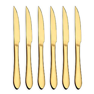 HOMQUEN Gold Steak Knife Set, Stainless Steel and Durable Comfortable Grip Handle, Mirror Polish and Gold Titanium Plated, for Pizza or Steak (Gold, Set of 6)