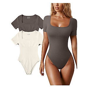 OQQ Women's 2 Piece Bodysuits Sexy Ribbed One Piece Square Neck Short Sleeve Bodysuits Tea leaf Beige