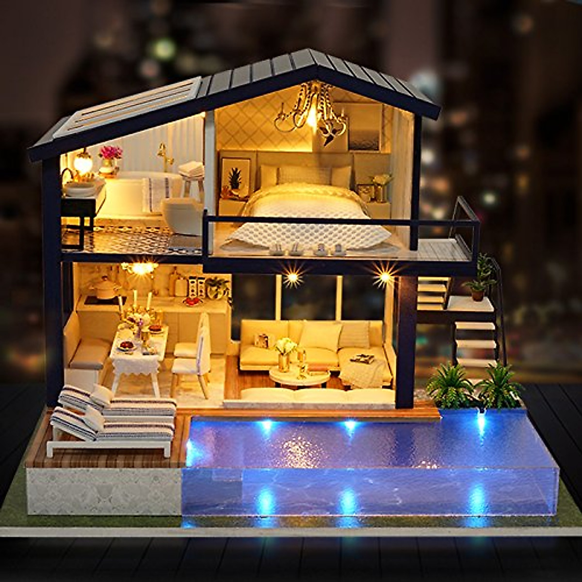 CUTEROOM Dollhouse Miniature with Furniture, 3D Wooden Miniature Doll House with Music Box & LED Lights,1:24 Scale DIY House Kit (A066)