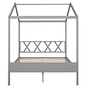 Bellemave Full Size House Beds Kids Montessori Bed with Headboard and Storage Footboard Wood Cabin Frame for Girls Boys Teens, Gray