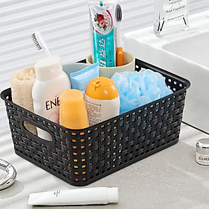 Sandmovie Black Plastic Rattan Storage Baskets, 6 Packs