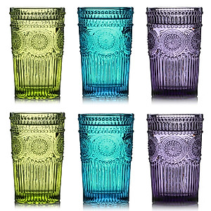 Kingrol 6 Pack 12 oz Vintage Drinking Glasses, Embossed Romantic Water Glassware, Glass Tumbler Set for Juice, Beverages, Beer, Cocktail (3 Colors)