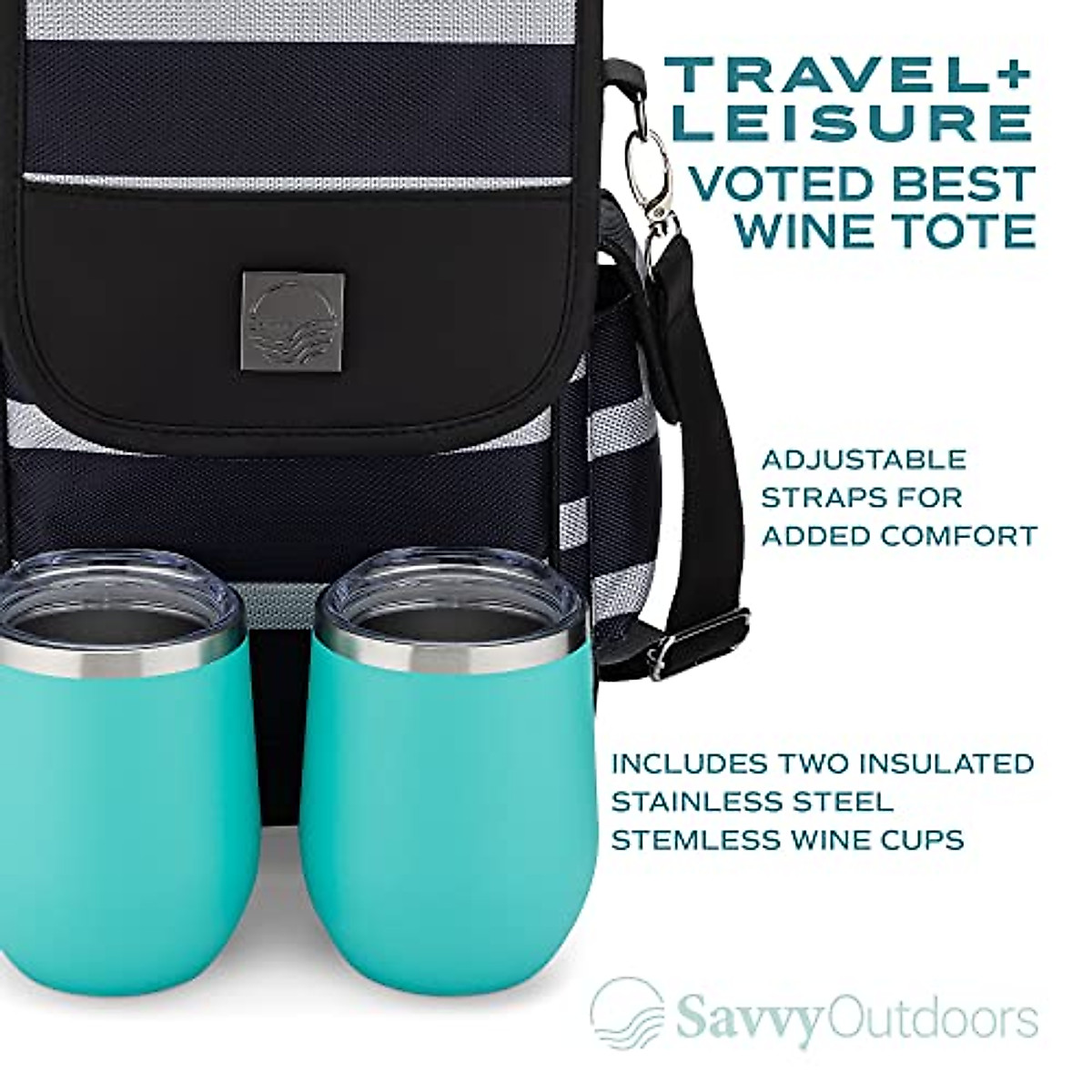 Savvy Outdoors Wine Tote Bag with Stemless Wine Glasses - Bottle Wine Bag with 2 Premium Insulated Wine Cups & Exterior Storage Pouch - Foldable Wine Carrier and Portable Wine Cooler Bags