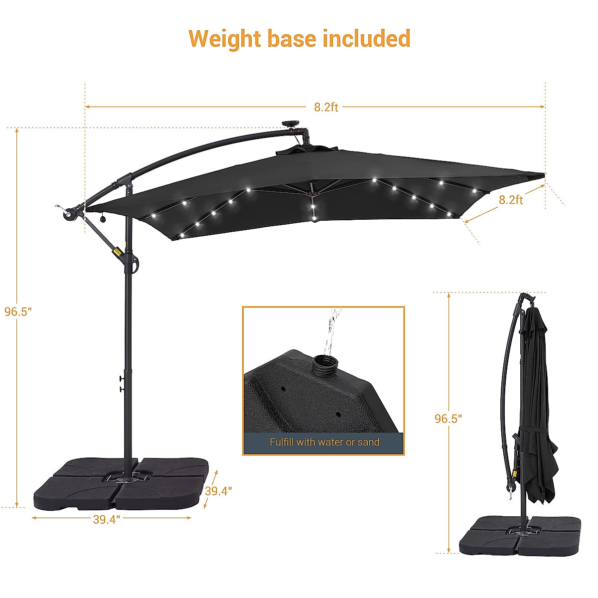 Bonosuki 8.2 x 8.2′ LED Patio Offset Umbrella With a Base, Outdoor Hanging Umbrella for Yard, Poolside and Deck,Black