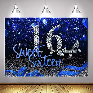 Mocsicka Sweet 16 Birthday Backdrop for Girls Blue and Silver Swwet Sixteen Decoration Happy 16th Birthday Banner Glitter Diamonds Background 16 Birthday Party Supplies (7x5ft (82x60 inch))