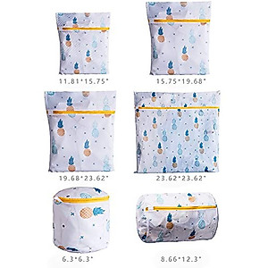 ChezMax Fine Mesh Printing Laundry Bags Set Durable Clothes Washing Bags with Zipper Lock for Laundry Blouse Bra Hosiery Stocking Underwear Lingerie 6PCS Yellow Pineapple