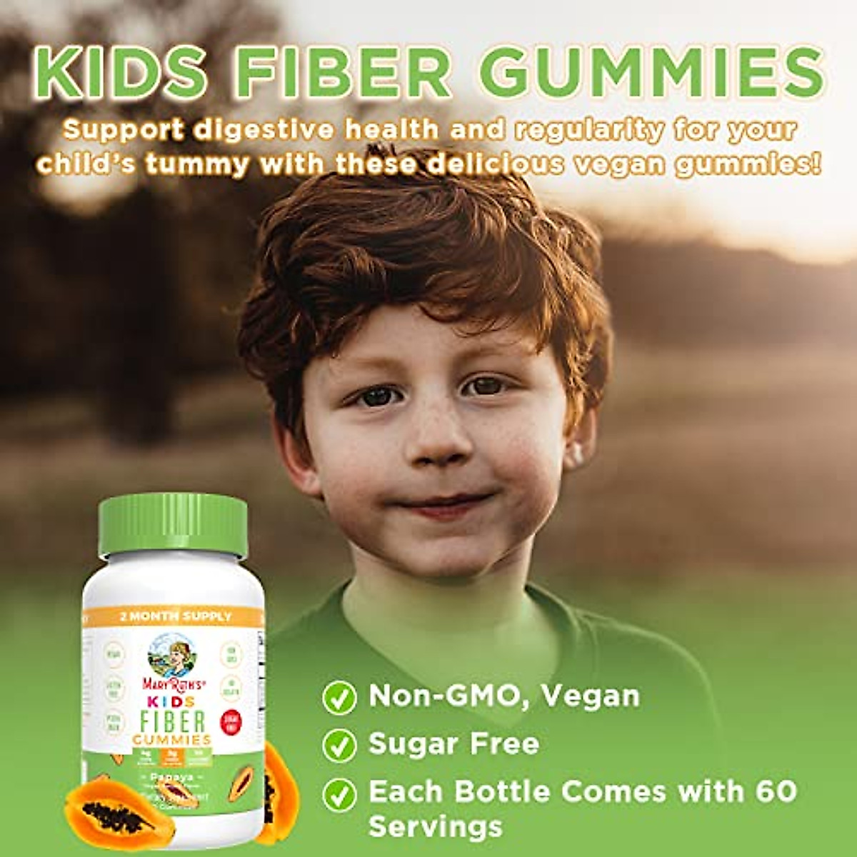 MaryRuth's Fiber Gummies for Kids | 2 Month Supply | Sugar Free | Prebiotic Fiber Supplement | Kids Fiber Gummies Ages 2+ | Gut Health & Digestion Support | 3g Soluble Fiber per Gummy | 60 Count