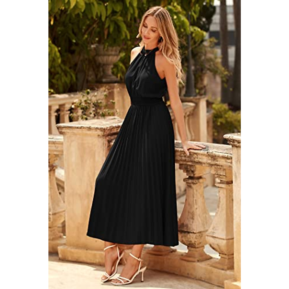 PRETTYGARDEN Women's Long Sun Dresses 2023 Sleeveless Halter Neck Flowy Pleated Maxi Cocktail Dress (Black,Large)