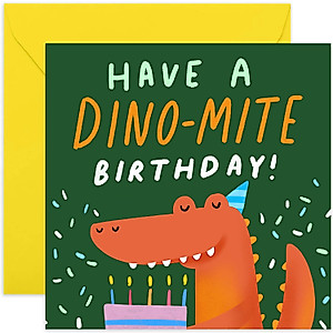 Old English Co. Have A Dino Mite Birthday Card for Son Daughter - Dinosaur Birthday Card for Young Children - Cute Cake Unisex T Rex Birthday Card for Child | Blank Inside with Envelope