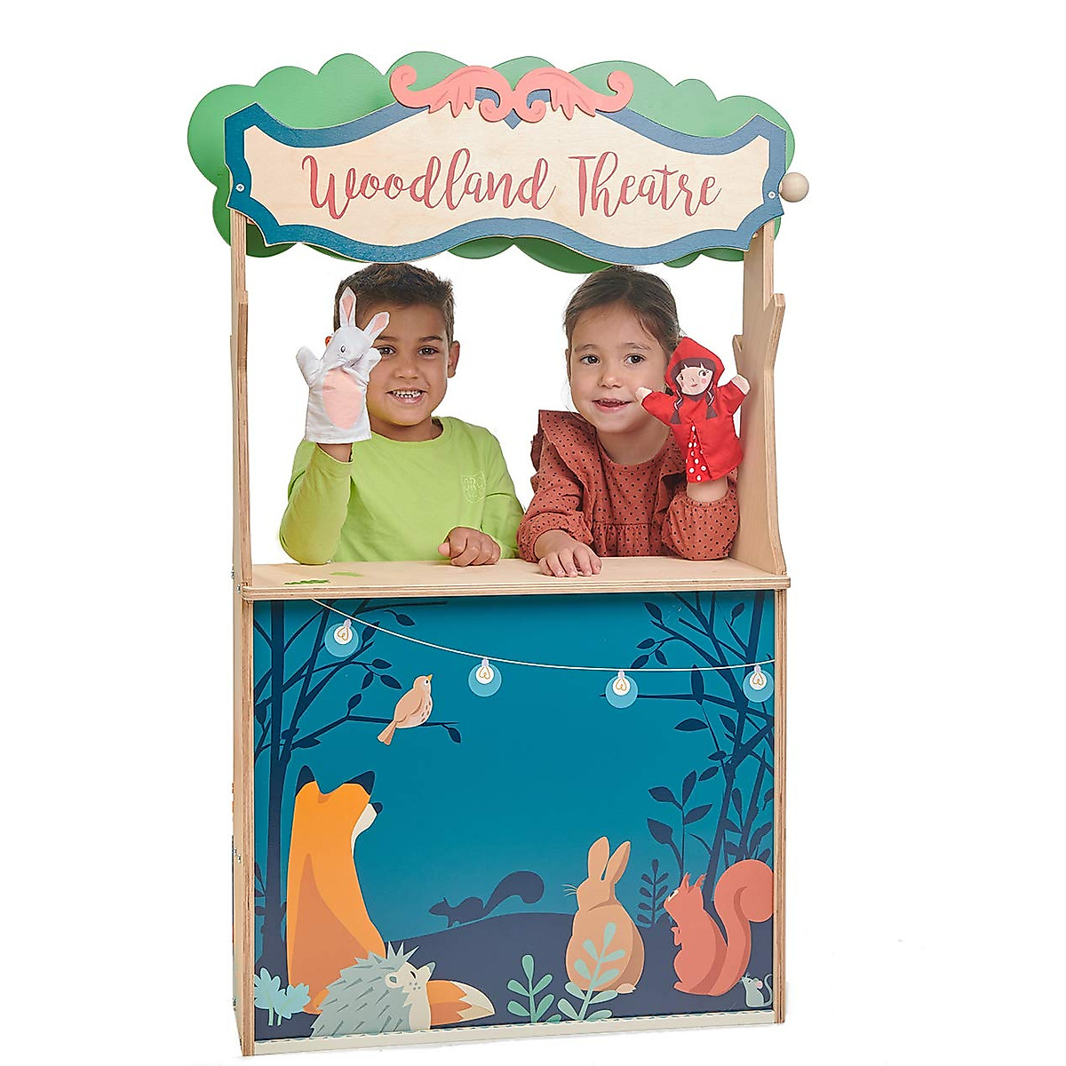 Tender Leaf Toys Woodland Store and Puppet Theater – 2 Sided Reversible Grocery Stand and Hand Puppeteer Stage - Social, Creative, and Imaginative Development – Expressive Role Play – Ages 3 Years +